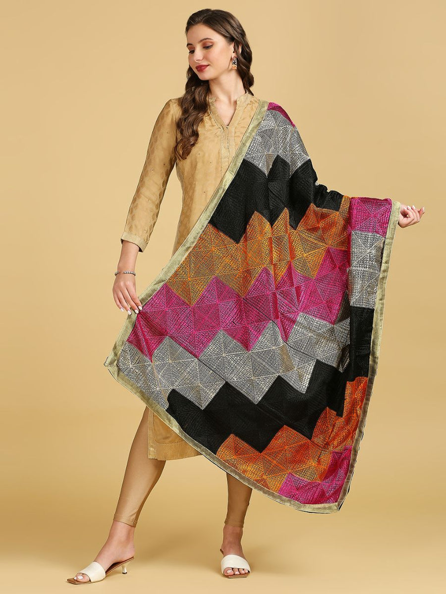 Red, Black & Gold Phulkari Chinnon Dupatta Dupatta Bazaar