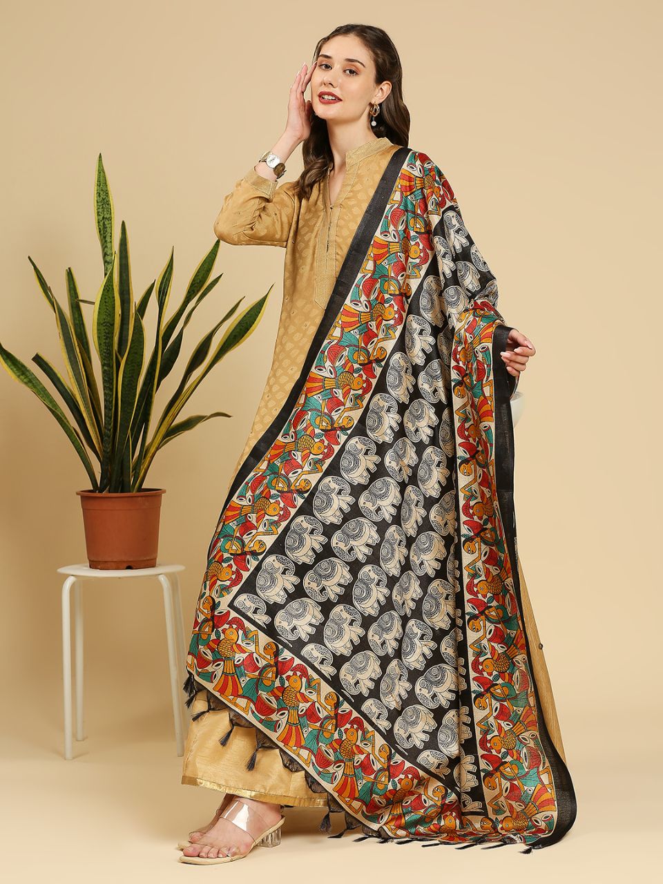 Ethnic Elephant Printed Black & Multi Art Silk Dupatta – Dupatta Bazaar