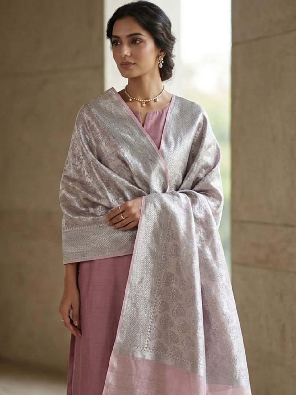 Peach & Silver Banarasi Tissue Silk Dupatta – Dupatta Bazaar