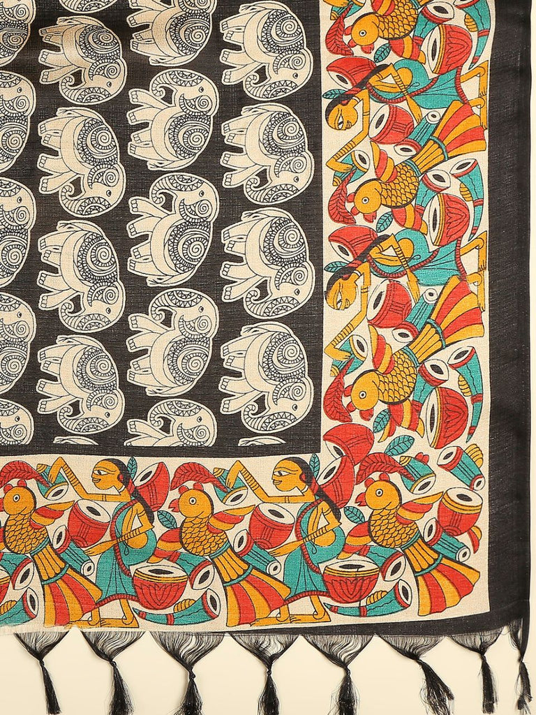 Ethnic Elephant Printed Black & Multi Art Silk Dupatta – Dupatta Bazaar