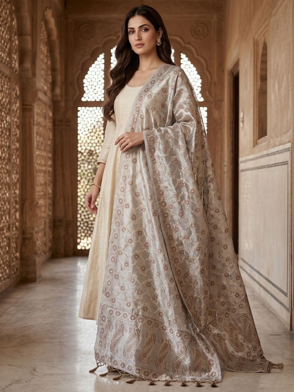 Silver Banarasi Tissue Silk Dupatta – Dupatta Bazaar