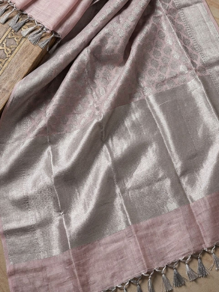 Peach & Silver Banarasi Tissue Silk Dupatta – Dupatta Bazaar