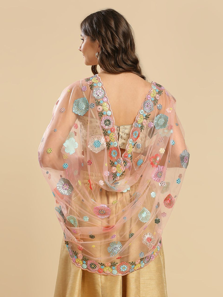 Blush Pink Net Dupatta with Multicolour Embroidery and Sequins Work ...