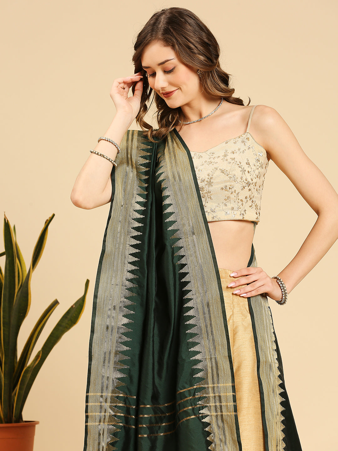 Bottle Green Banarasi Silk Dupatta with Temple Border – Dupatta Bazaar