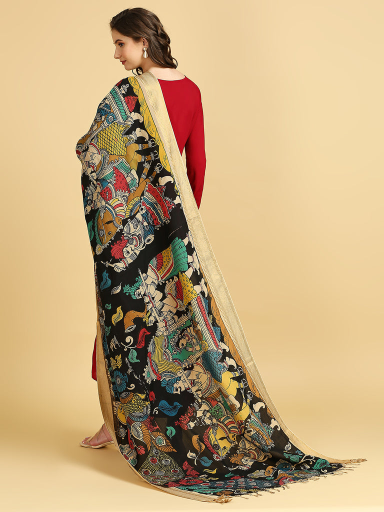Black & Multicolour Hand Painted Kalamkari Pure Chennur Silk Dupatta ...