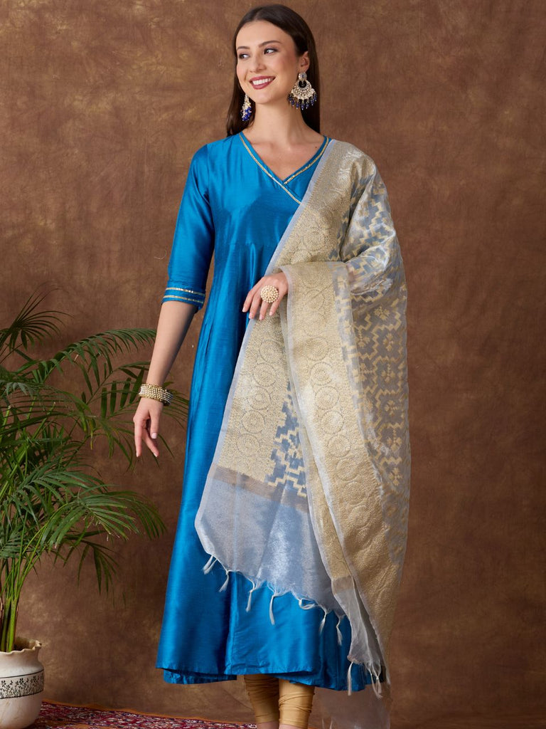 Silver & Gold Banarasi Tissue Silk Dupatta with Woven Floral Motifs ...