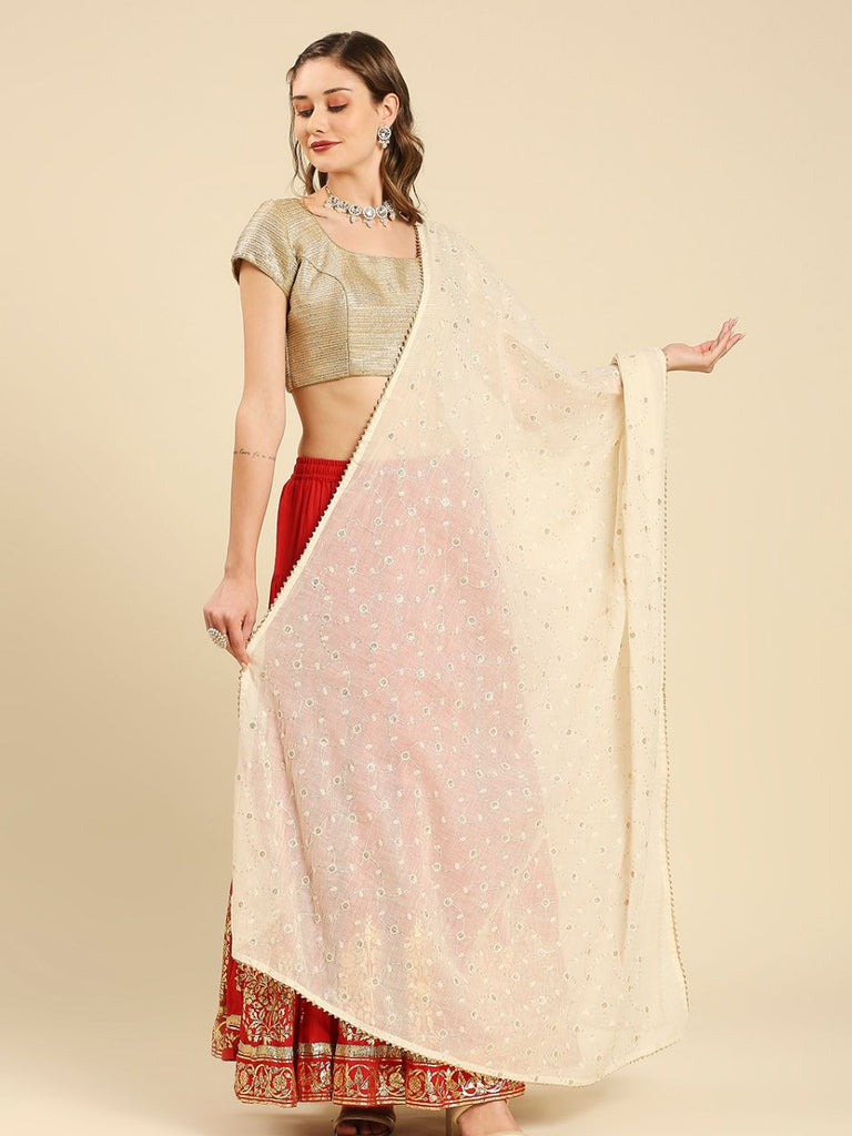 Cream Pure Cotton Dupatta All Over floral embroidery – Dupatta Bazaar