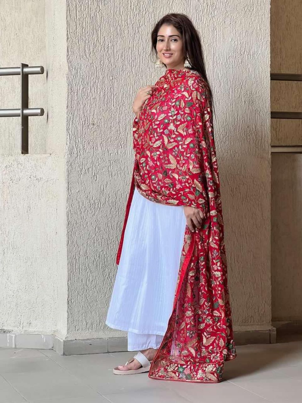 Red Dupatta with Heavy Multicolour Embroidery – Dupatta Bazaar