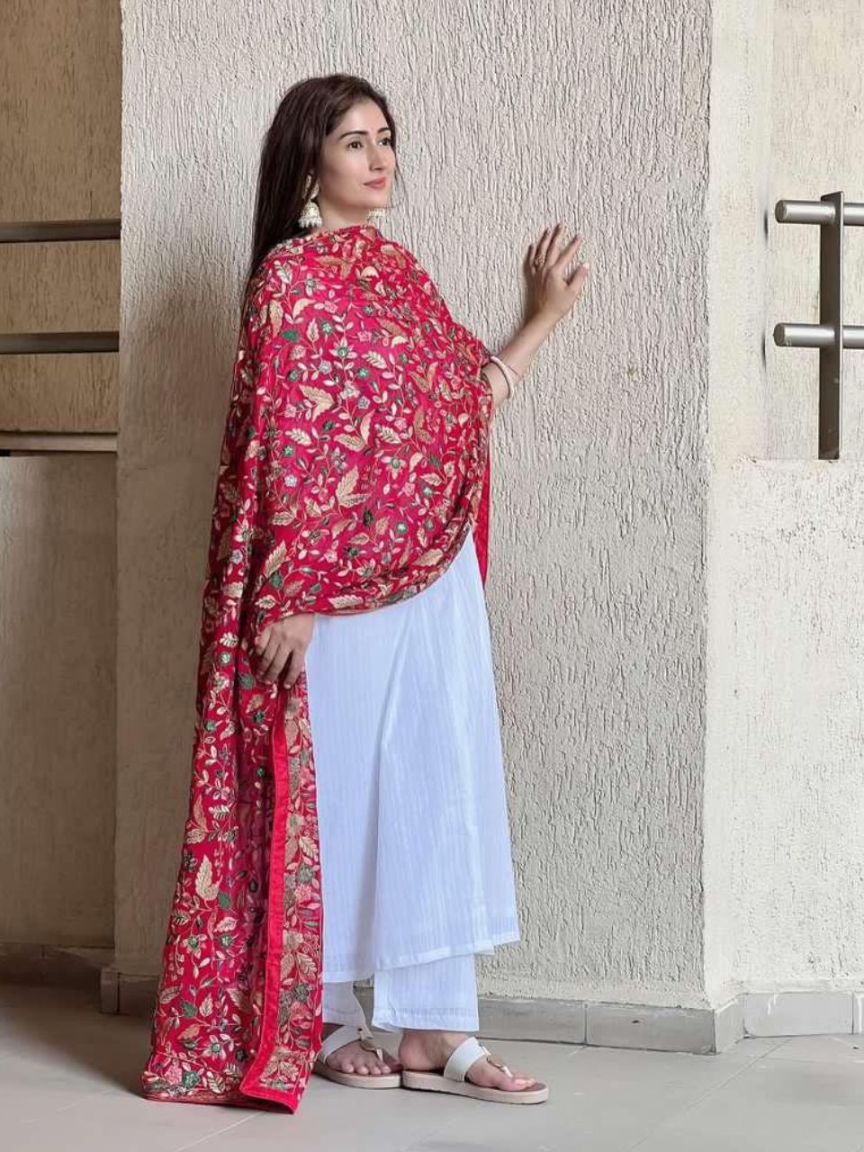 Red Dupatta with Heavy Multicolour Embroidery – Dupatta Bazaar
