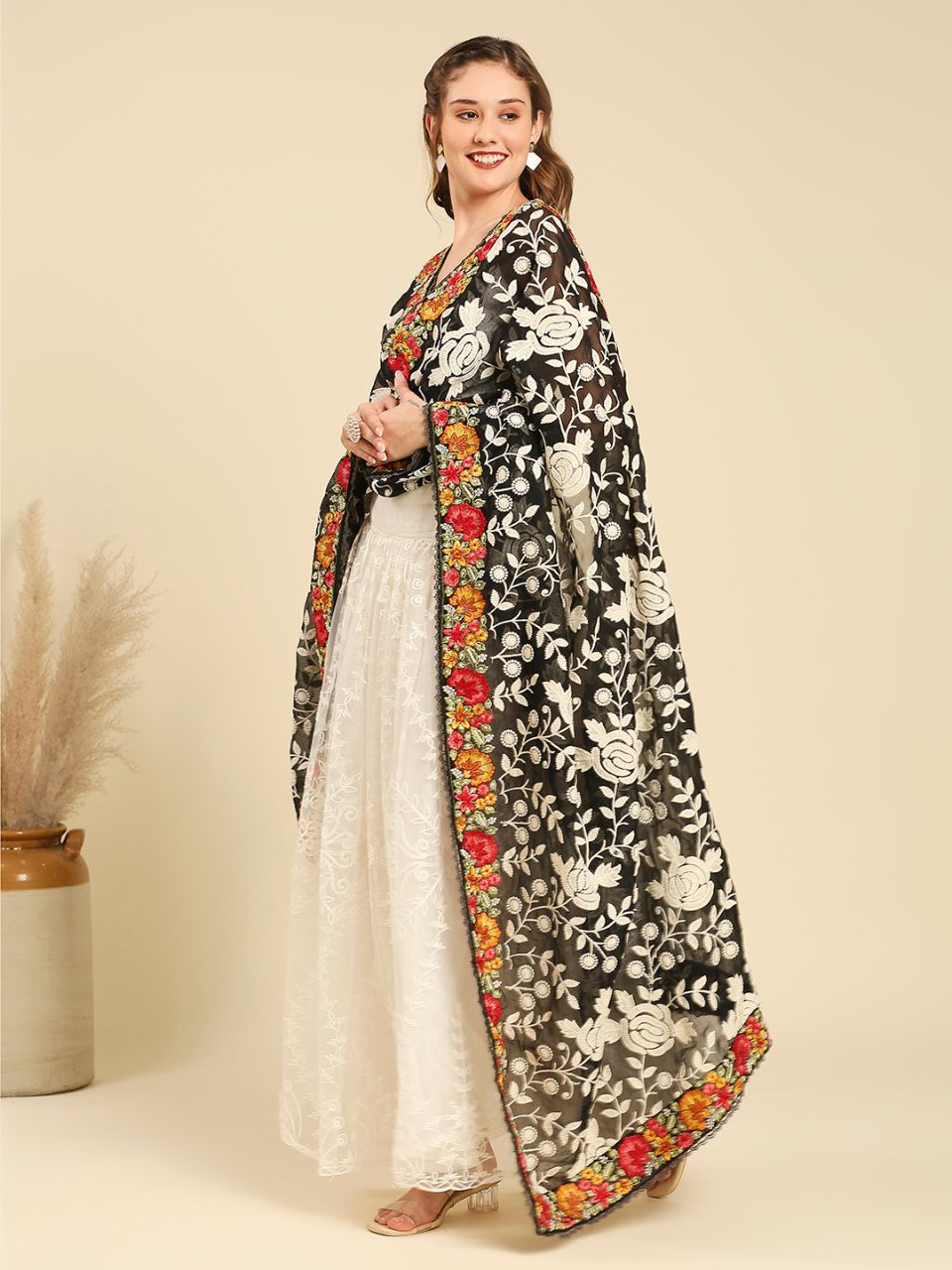 Heavily Floral Embroidered Georgette Dupatta – Dupatta Bazaar