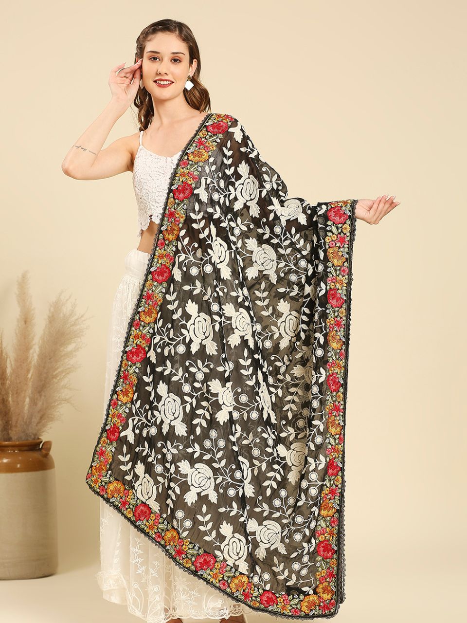 Heavily Floral Embroidered Georgette Dupatta – Dupatta Bazaar