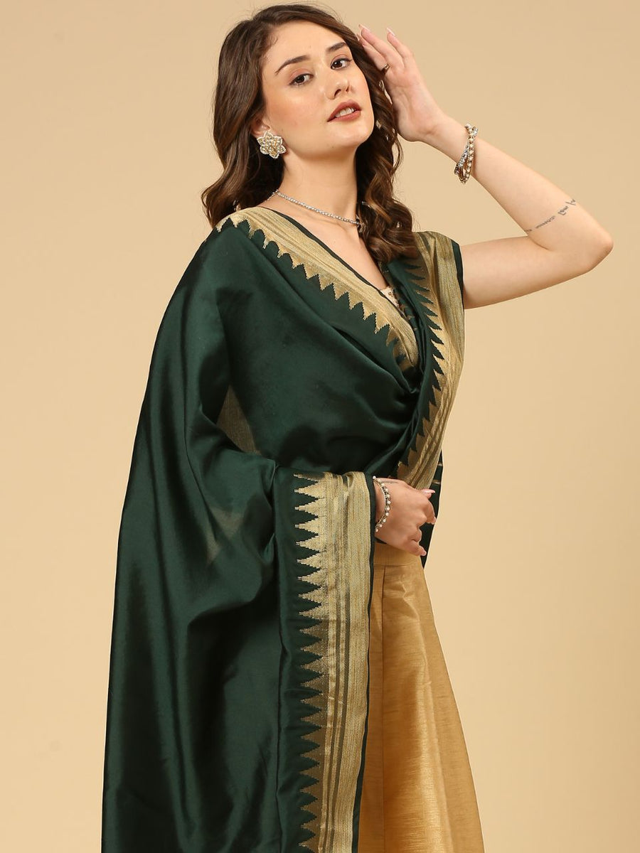 Bottle Green Banarasi Silk Dupatta with Temple Border – Dupatta Bazaar