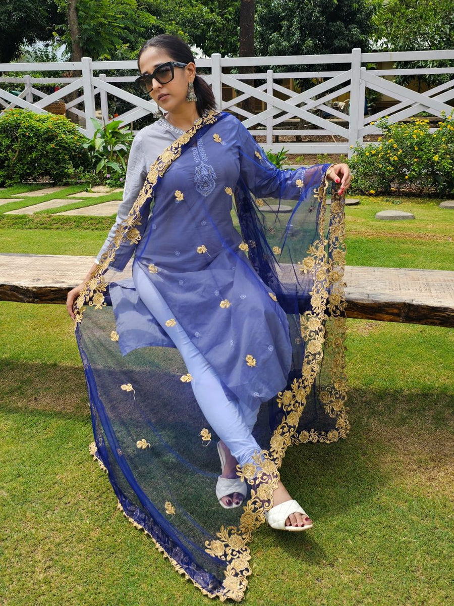 Navy Blue Embroidered Net Dupatta with Cutwork – Dupatta Bazaar