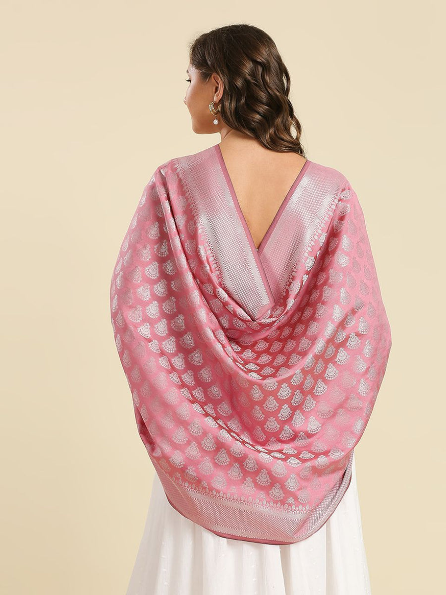 Onion Pink Banarasi Silk Dupatta with Silver Border – Dupatta Bazaar