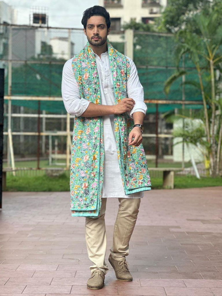 Men's Aqua Marine Blue & Multi Parsi Gara Work Dupatta for Kurta/Sherw ...