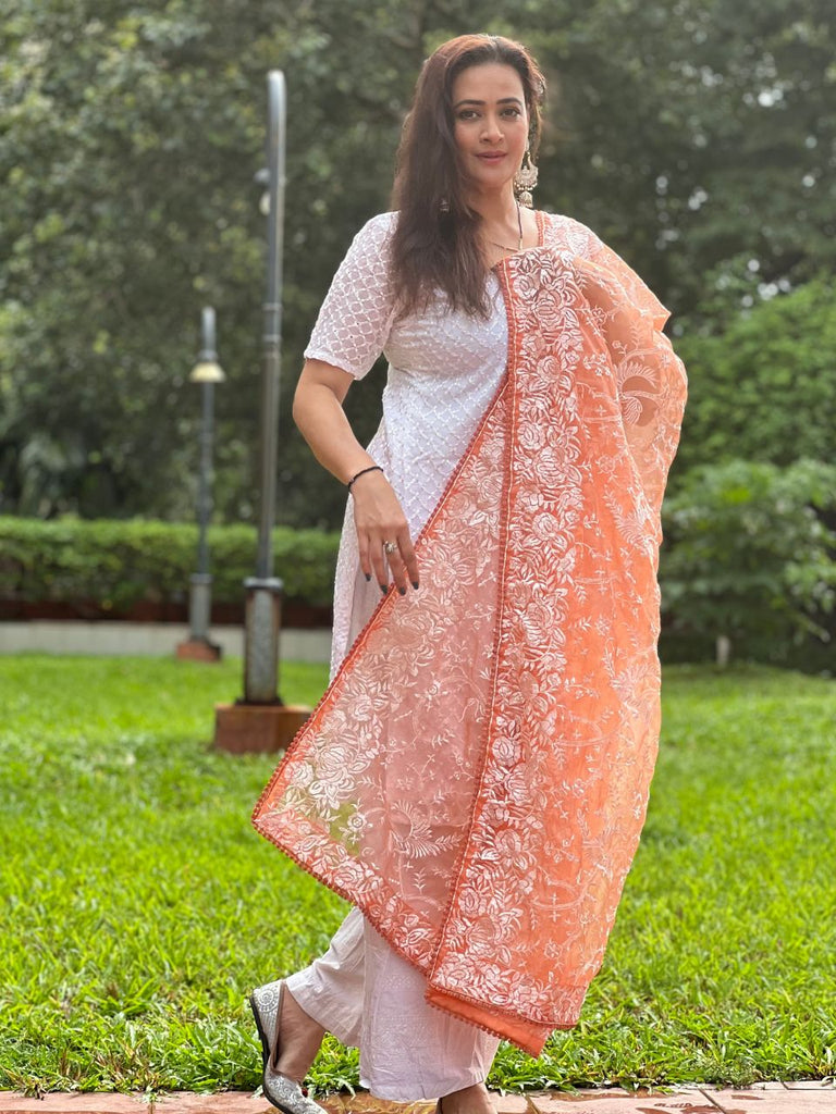 Embroidered Parsi Gara Thread Work Peach Organza Dupatta – Dupatta Bazaar