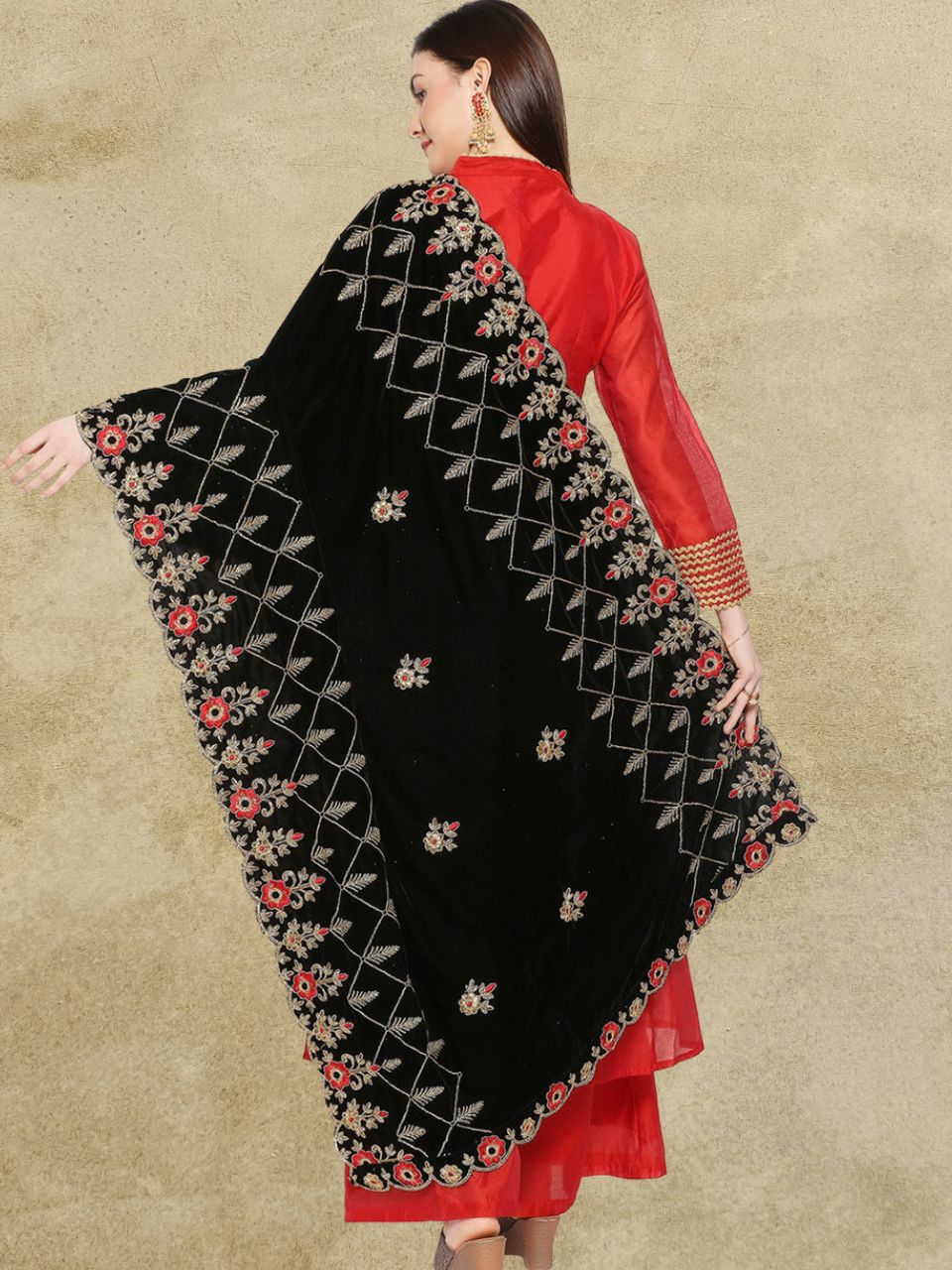 Maroon Velvet Dupatta with Mustard Embroidery & Cutwork Embroidery ...