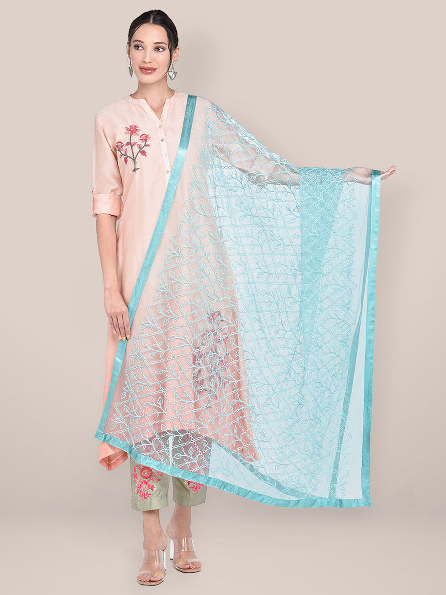 Women's Light Blue Embellished Net Dupatta Dupatta Bazaar