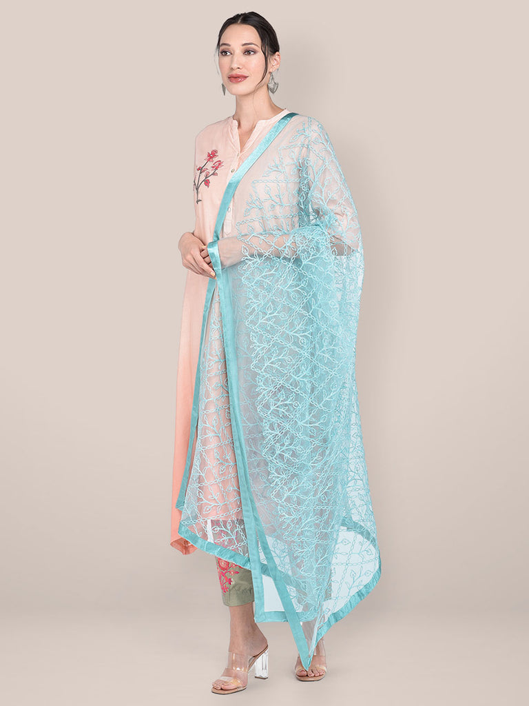 Women's Light Blue Embellished Net Dupatta Dupatta Bazaar