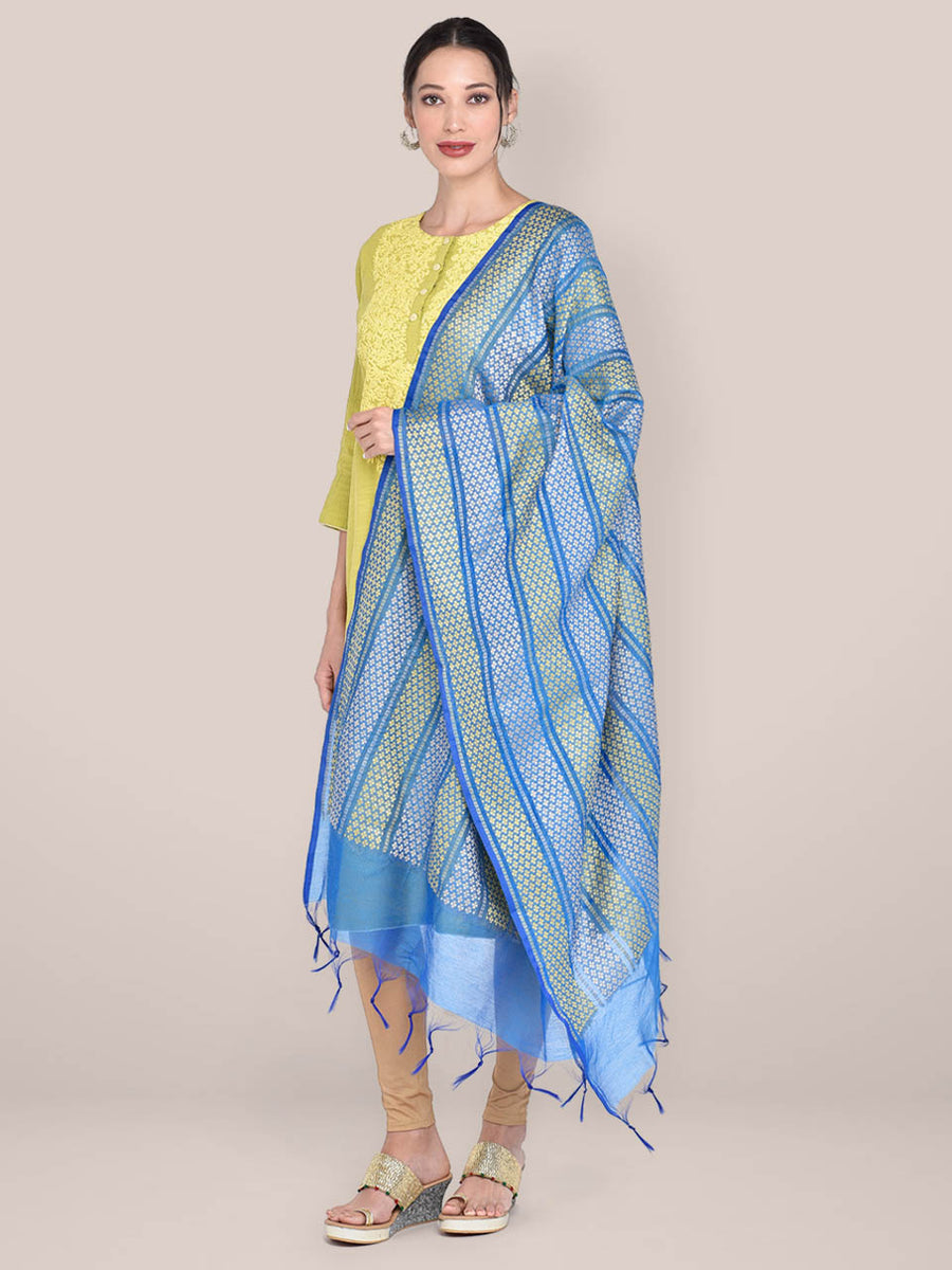 Woven turquoise blue Striped Cotton Chanderi Dupatta. blue, Dupatta for ...