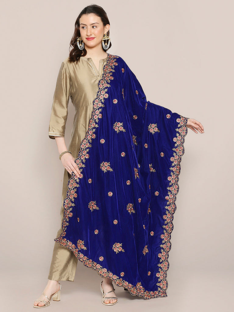 Velvet Dupatta with Gold Embroidery & Cutwork Border Dupatta Bazaar