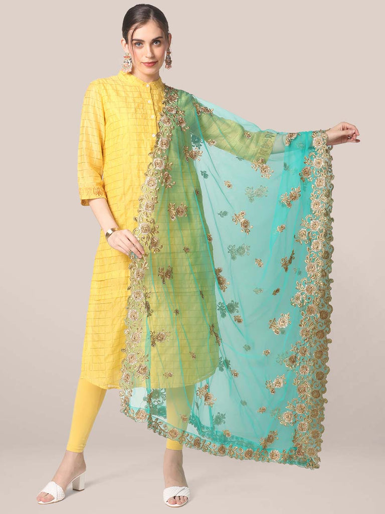Sea Green Embroidered Net Dupatta with Cutwork – Dupatta Bazaar