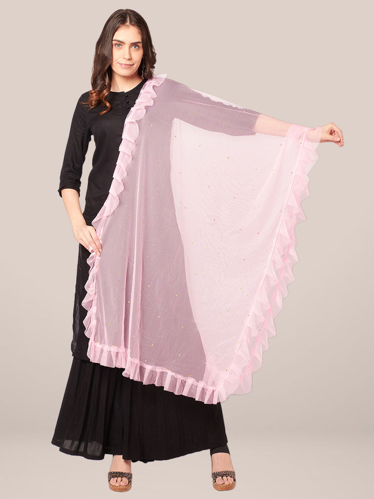 Embellished Pink Net Dupatta with Ruffles Dupatta Bazaar