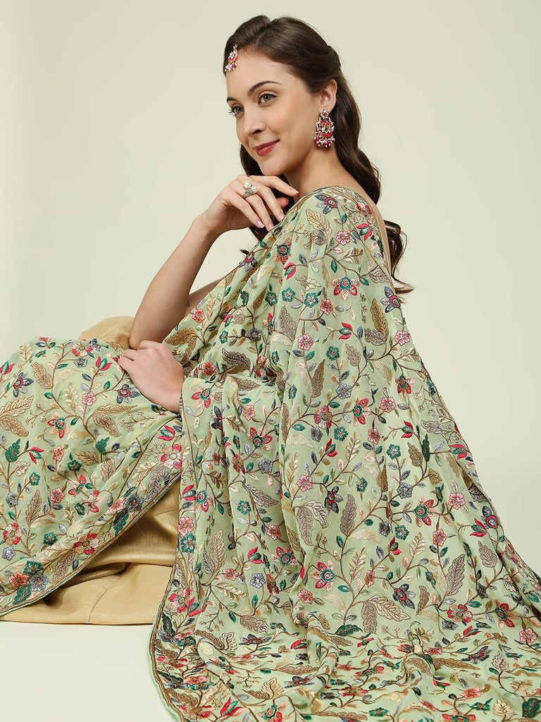 Pista Green Dupatta with Heavy Multicolour Embroidery – Dupatta Bazaar