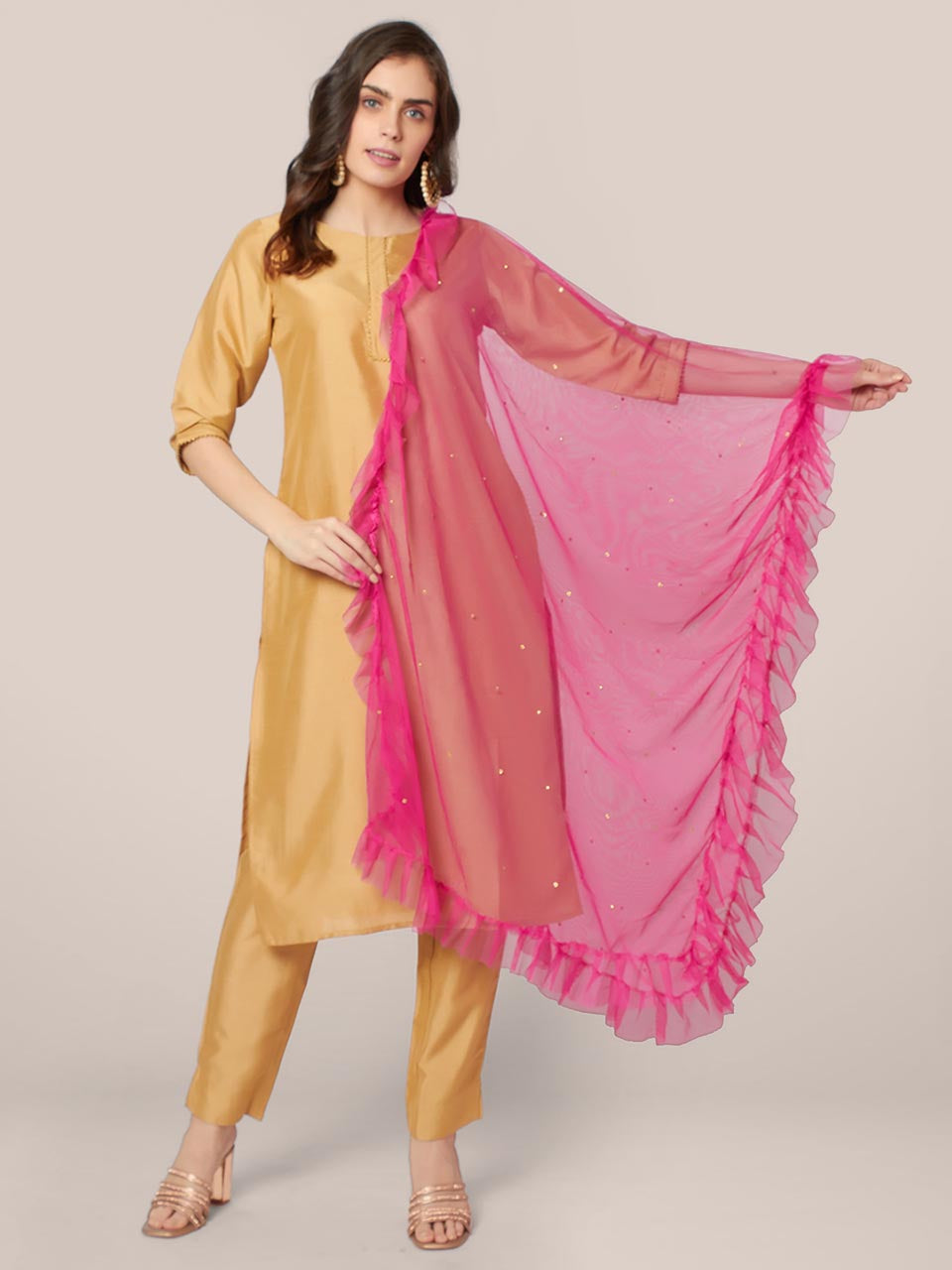 Embellished Pink Net Dupatta with Ruffles Dupatta Bazaar