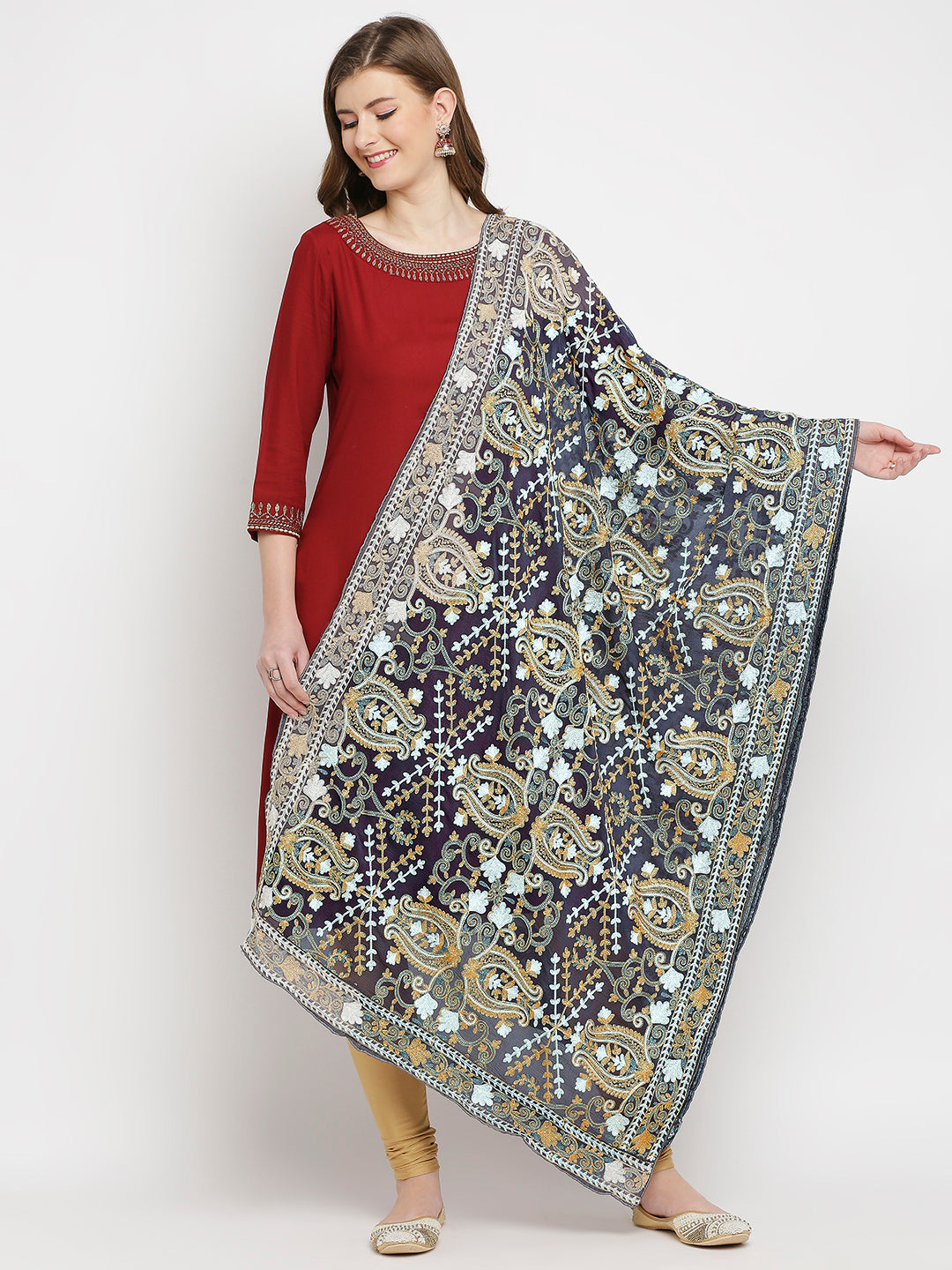 Grey Kashmiri Embroidery Dupatta – Dupatta Bazaar
