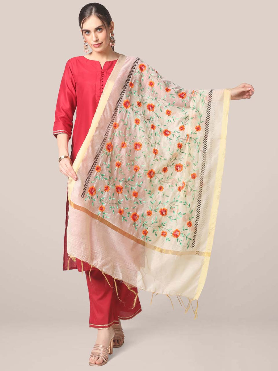 Cream Silk Dupatta with Multicoloured Floral Embroidery. – Dupatta Bazaar