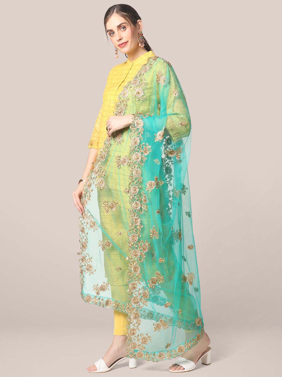 Sea Green Embroidered Net Dupatta with Cutwork – Dupatta Bazaar