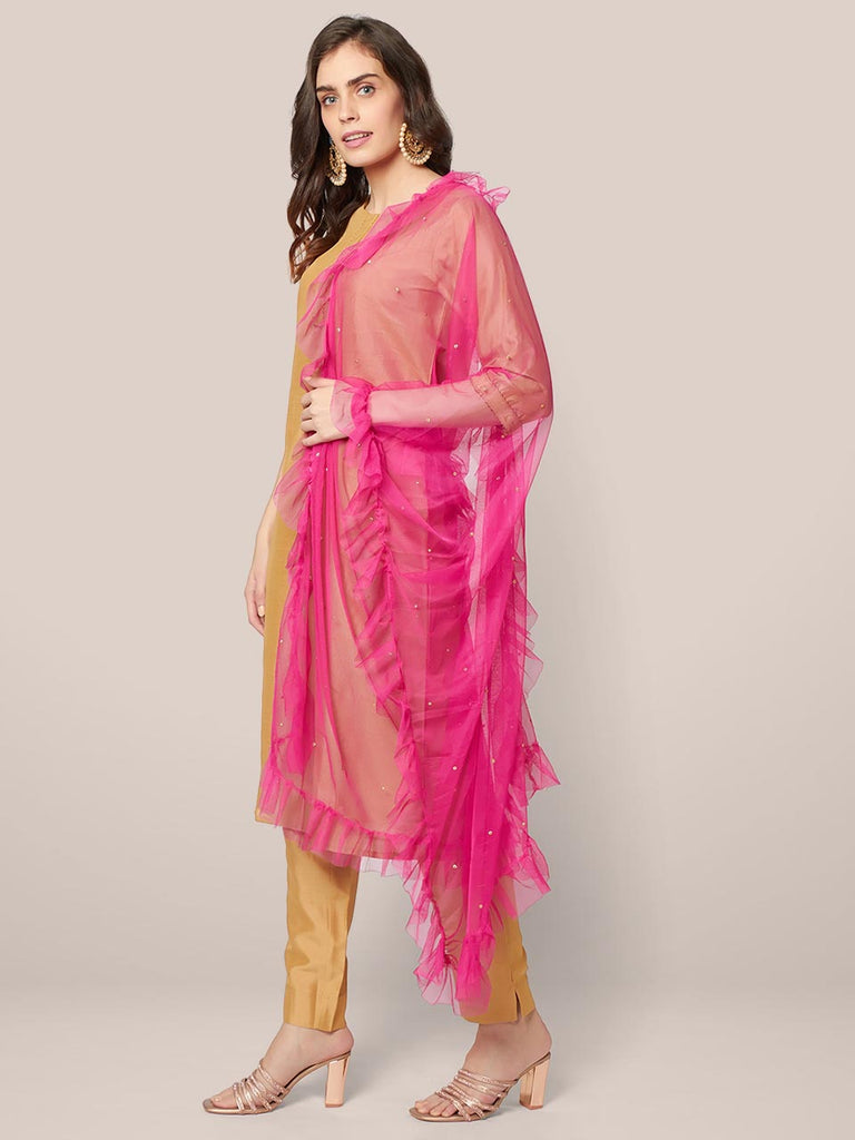 Embellished Pink Net Dupatta with Ruffles Dupatta Bazaar