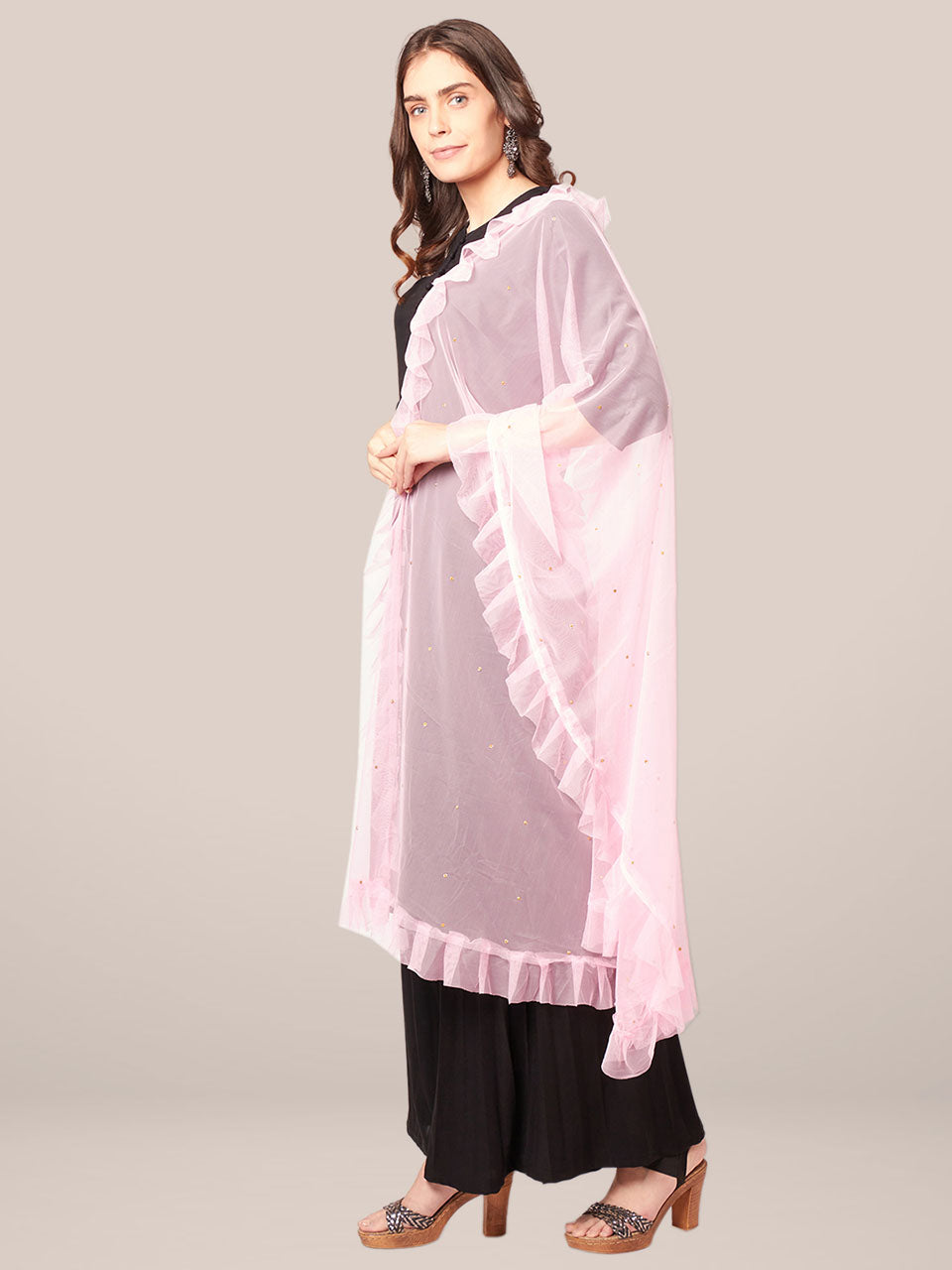 Embellished Pink Net Dupatta with Ruffles Dupatta Bazaar