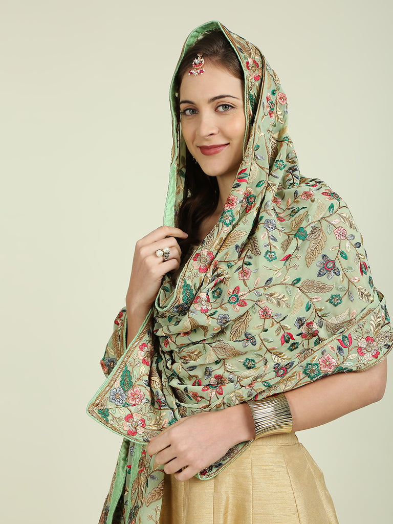 Pista Green Dupatta with Heavy Multicolour Embroidery – Dupatta Bazaar