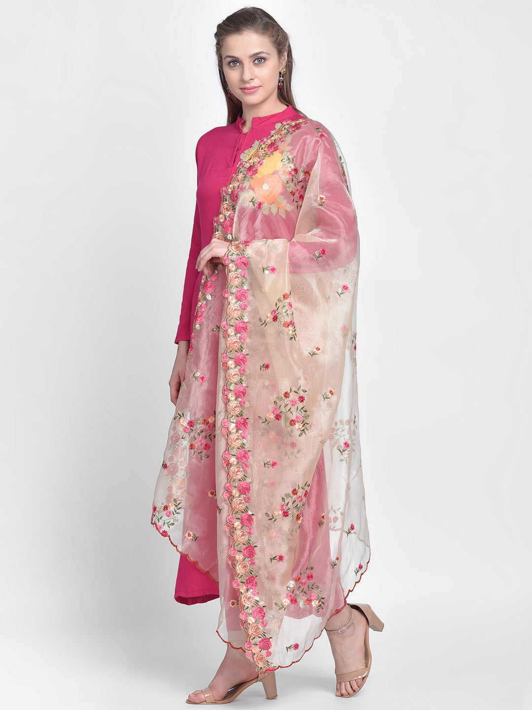 Dupatta Bazaar Woman's Golden Organza Dupatta with Multicolor Floral ...