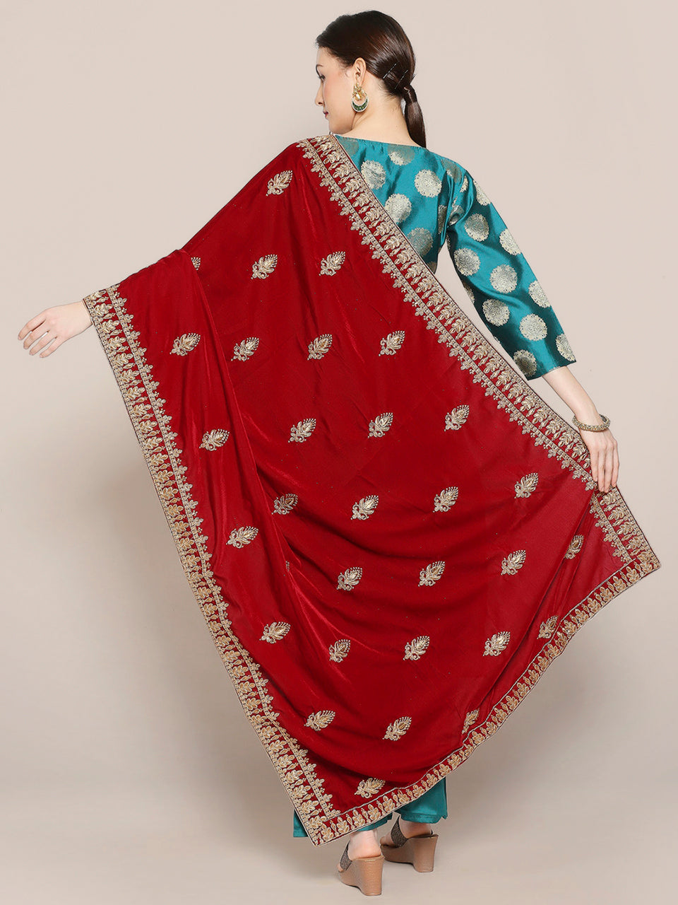 Maroon Velvet Embroidered Dupatta with Gold Motifs all over Dupatta Bazaar