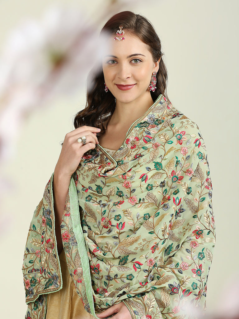 Pista Green Dupatta with Heavy Multicolour Embroidery – Dupatta Bazaar