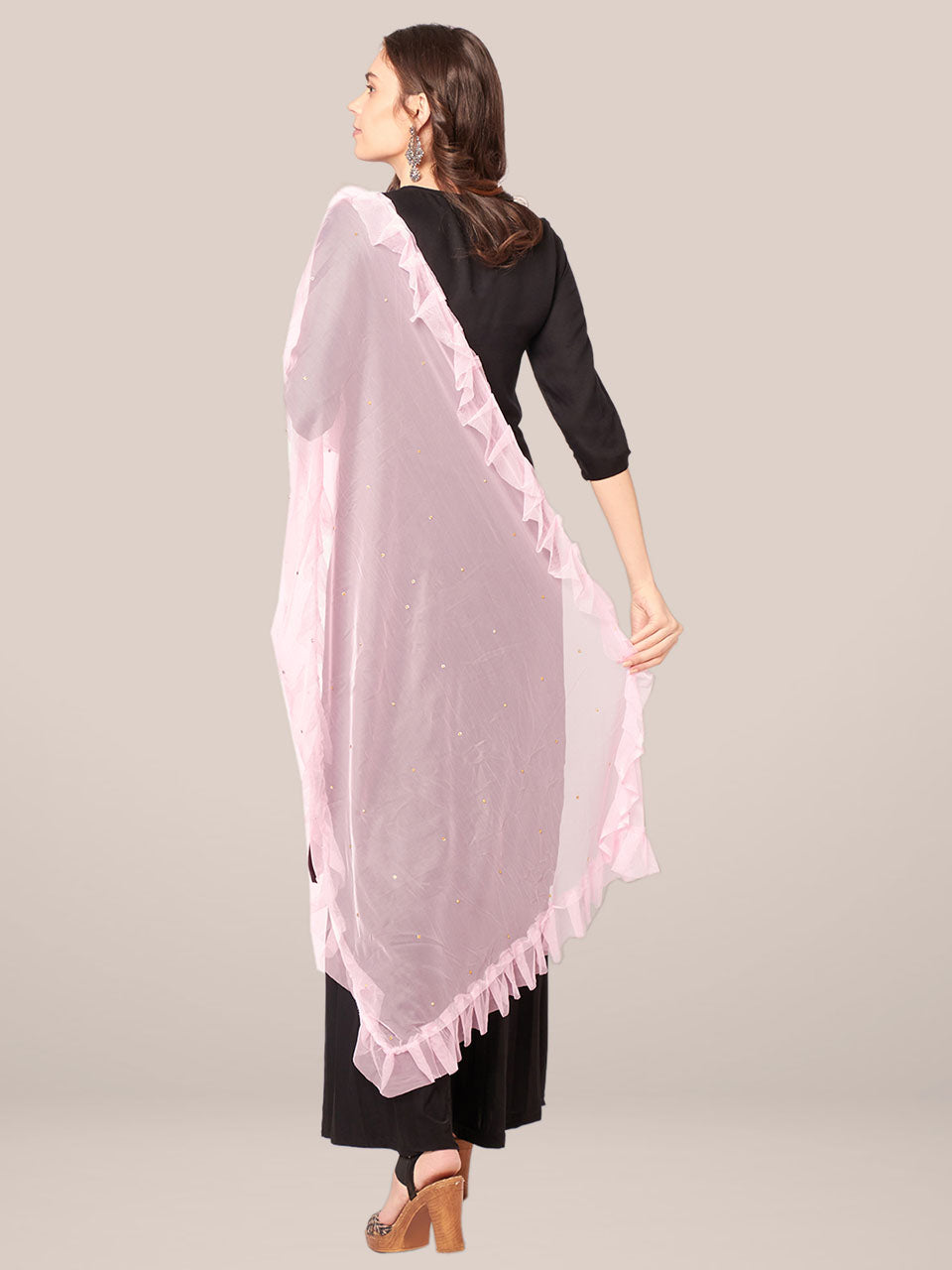 Embellished Pink Net Dupatta with Ruffles Dupatta Bazaar
