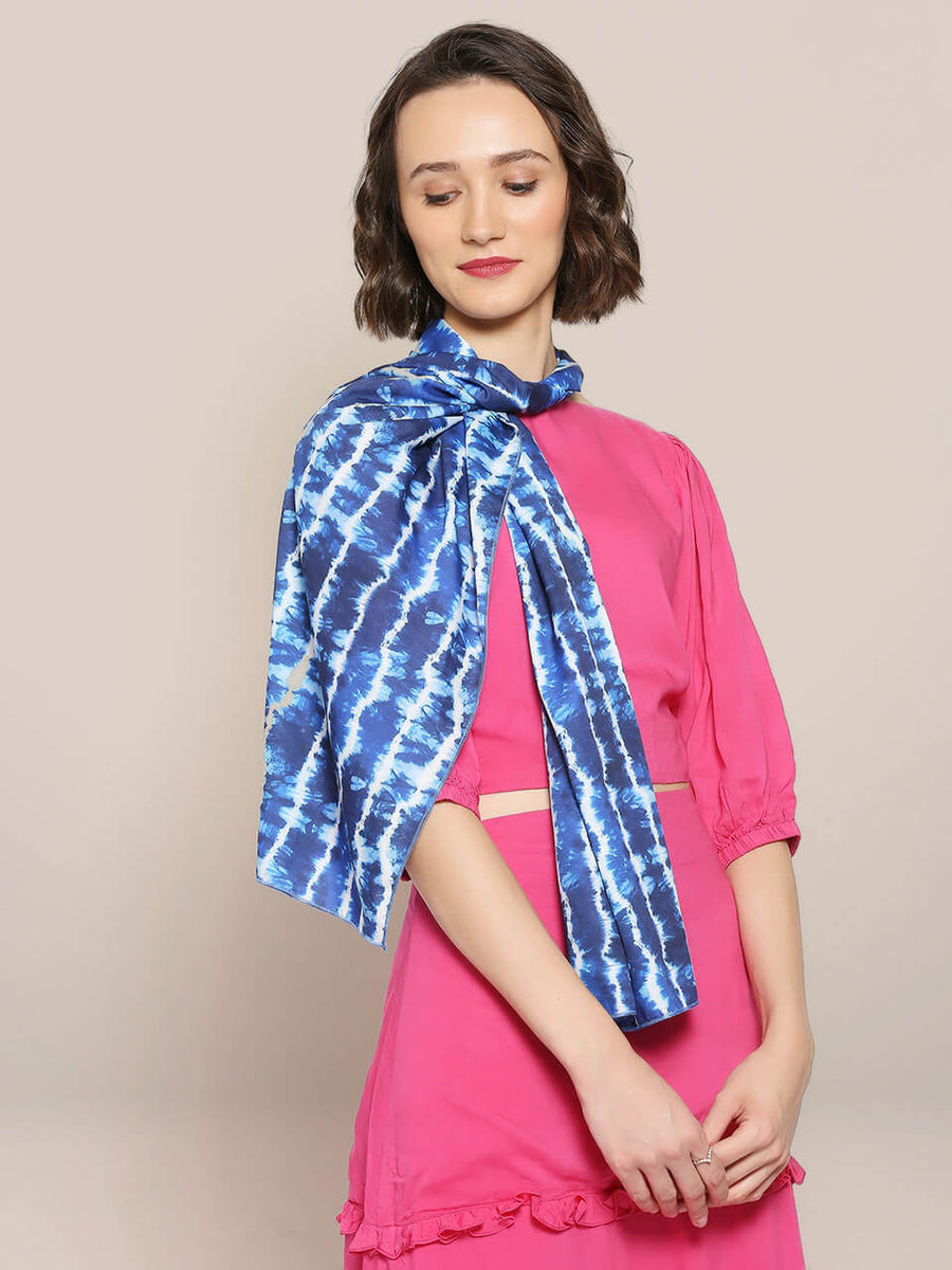 Printed Blue & White Satin Scarf – Dupatta Bazaar