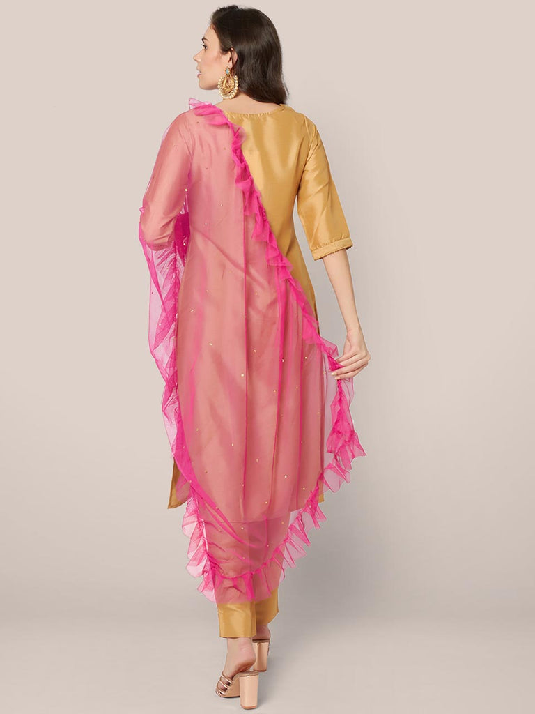 Embellished Pink Net Dupatta with Ruffles Dupatta Bazaar