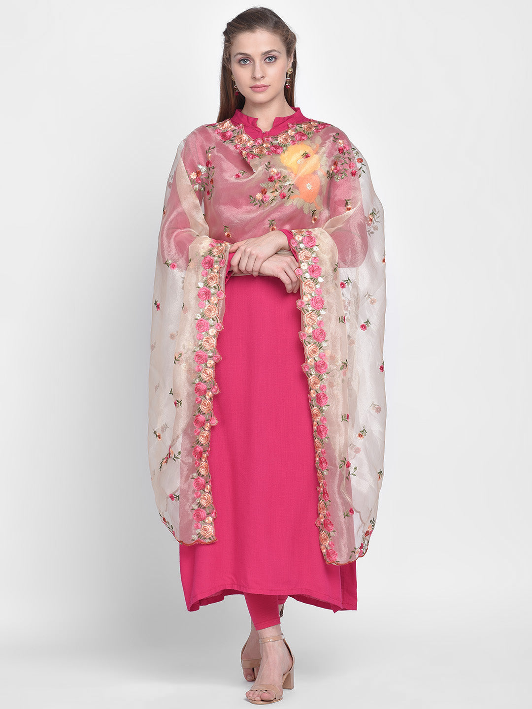 Dupatta Bazaar Woman's Golden Organza Dupatta with Multicolor Floral ...