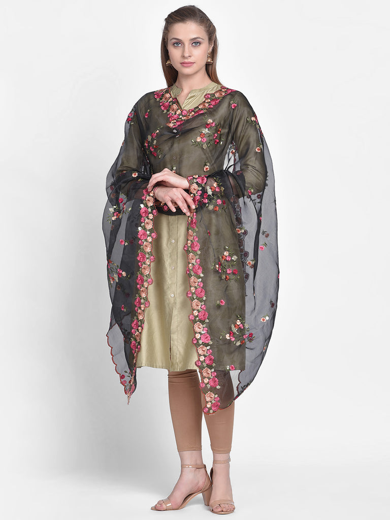 Dupatta Bazaar Woman's Black Organza Dupatta with Multicolor Floral ...