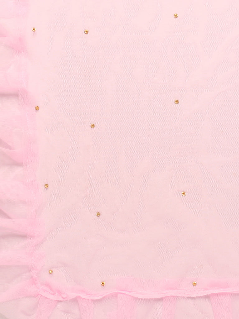 Embellished Pink Net Dupatta with Ruffles Dupatta Bazaar