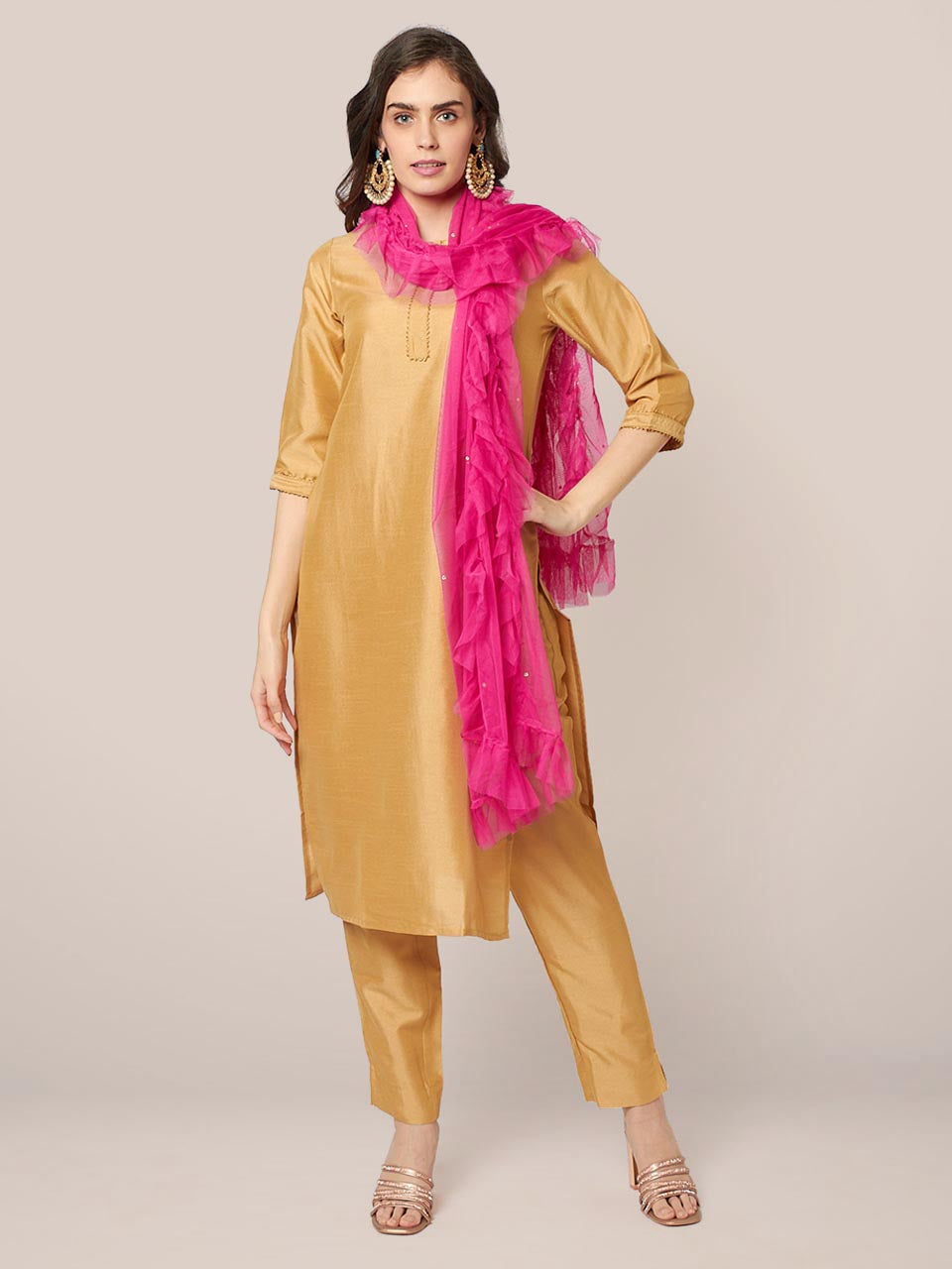 Embellished Pink Net Dupatta with Ruffles Dupatta Bazaar