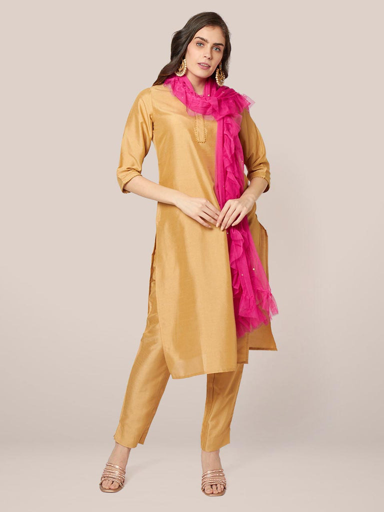 Embellished Pink Net Dupatta with Ruffles Dupatta Bazaar