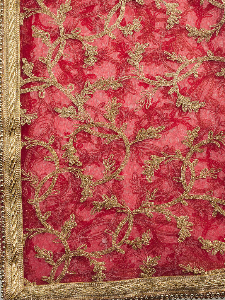 Red & Gold Embroidered Net Dupatta Dupatta Bazaar