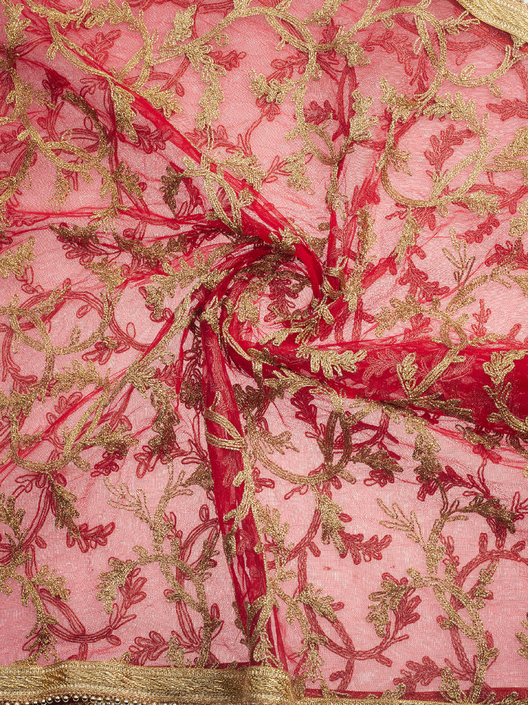 Red & Gold Embroidered Net Dupatta Dupatta Bazaar