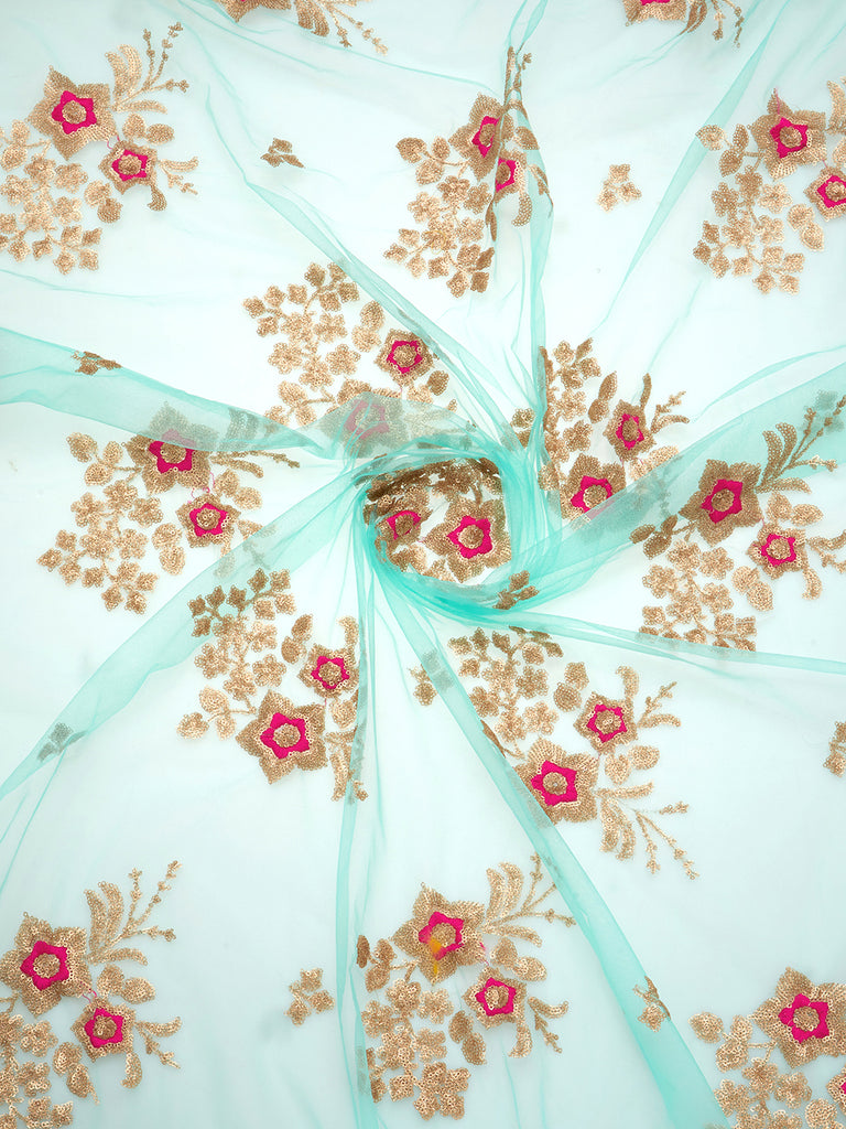 Sea Green & Multicoloured Net Dupatta with Floral Embroidery. Dupatta ...