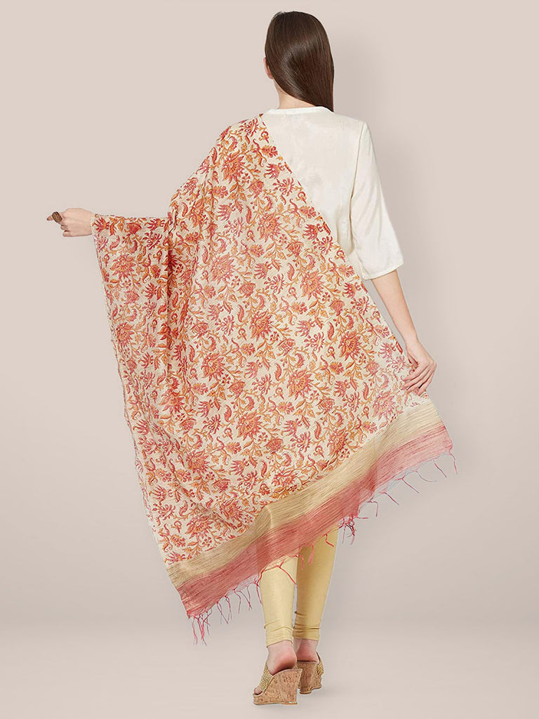 Red Chanderi Silk Dupatta with block print. Dupatta Bazaar